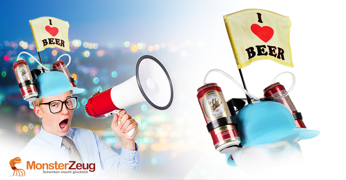 Biertrinkhelm Blau mit Flaschenhalterungen und Ansteckfahne